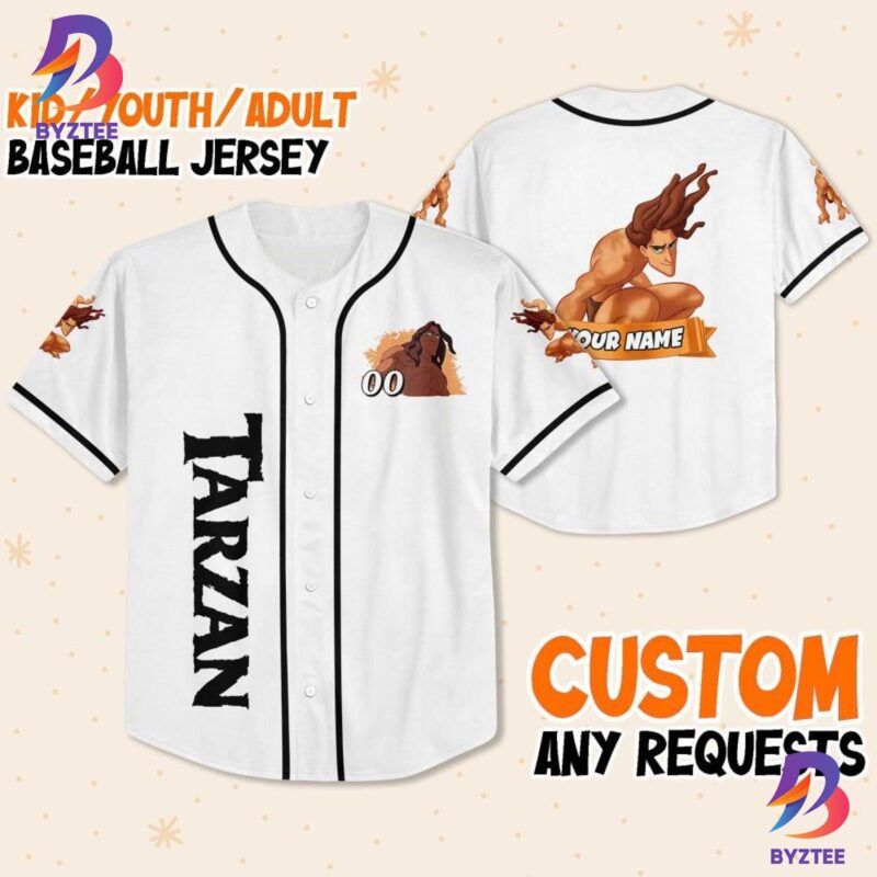 Personalize Disney Tarzan Jungle White Black Baseball Jersey - Byztee